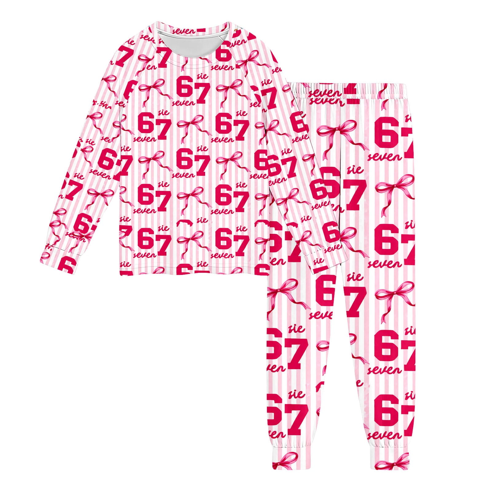 6 7 Meme Funny Pajama Sets for Kids Bow Print Design on Long Sleeve Top ...