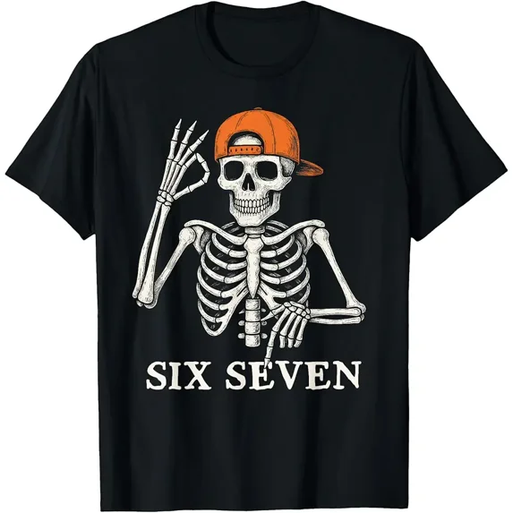 6 7 Meme Gen Alpha Halloween Skeleton Hands Sign Six Seven T-Shirt ...