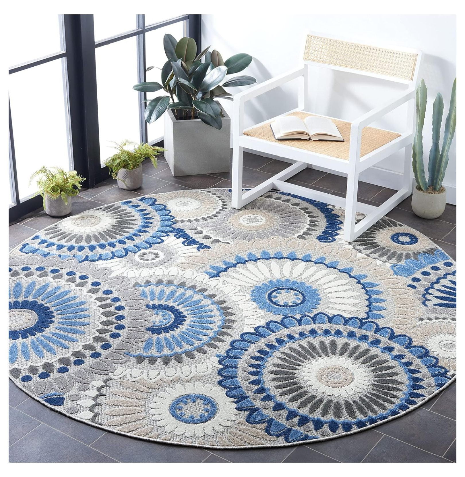 6'7" Round Grey/Blue Medallion Indoor/ Outdoor Non-Shedding Easy ...