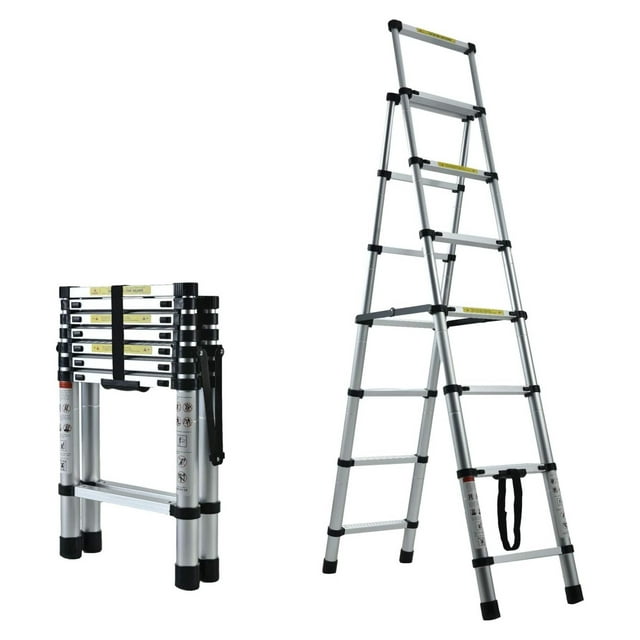 6+7 Step Ladder Aluminum 6.4FT Telescoping Ladder Lightweight Portable ...