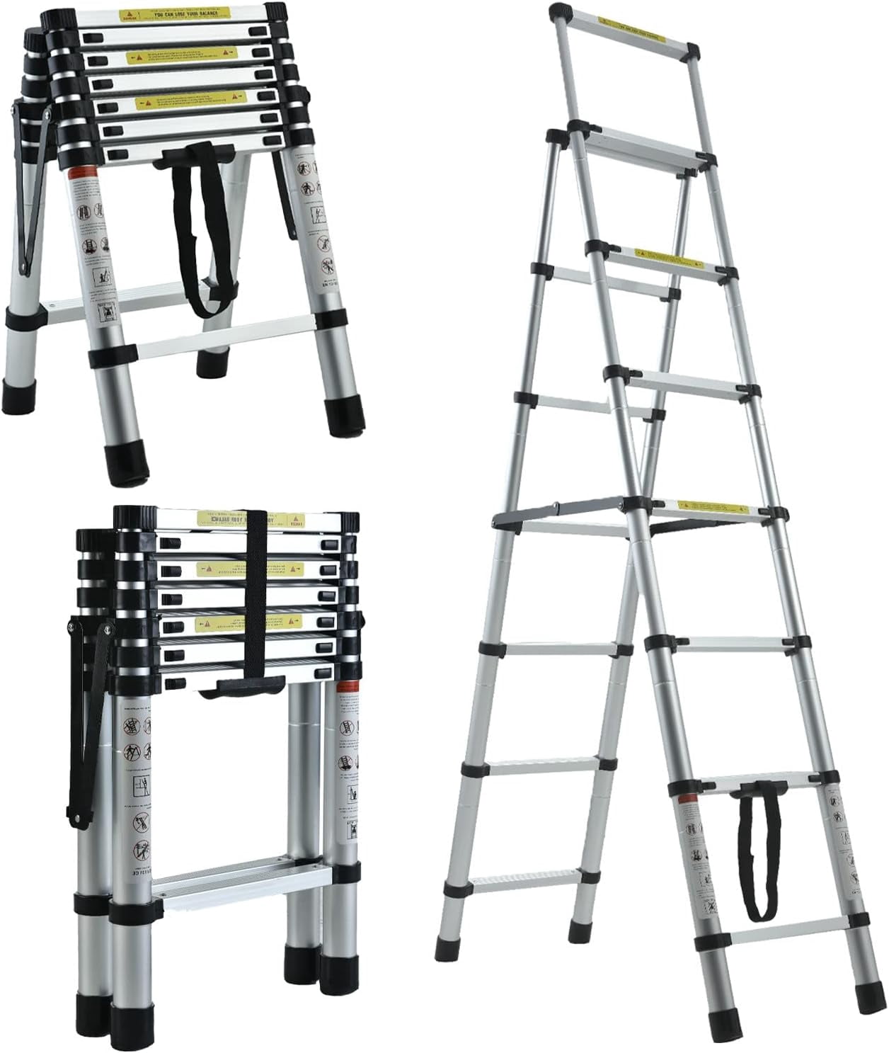 6+7 Step Ladder Telescoping Ladder 6.5FT Portable Multi-Purpose Folding ...