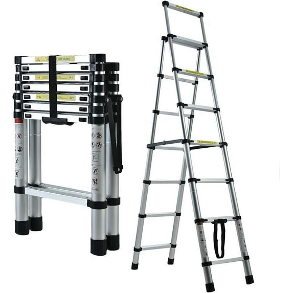 6+7 Steps(6.6ft + 7.5ft) Aluminum Telescoping Extension Ladder 330lbs ...