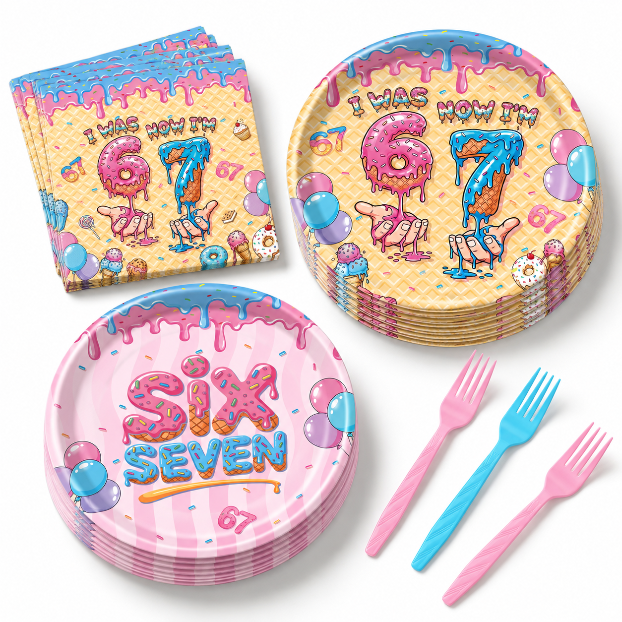 6 7 Theme Party Tableware Set, 96-Piece Disposable Dinnerware for 24 ...