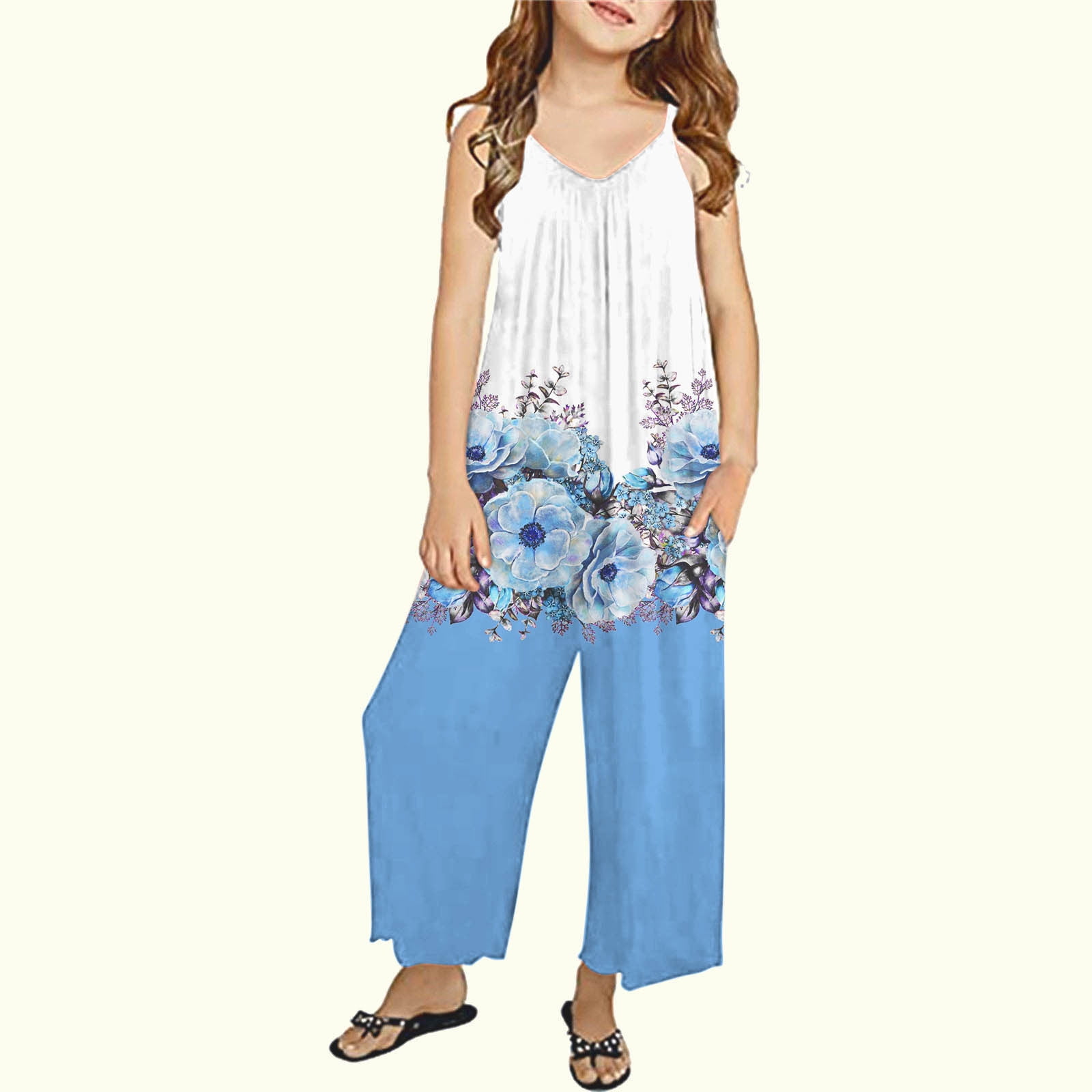 6-7 Years 3-14T Girls Jumpsuits Kids Sleeveless Hawaiian Romper Loose ...