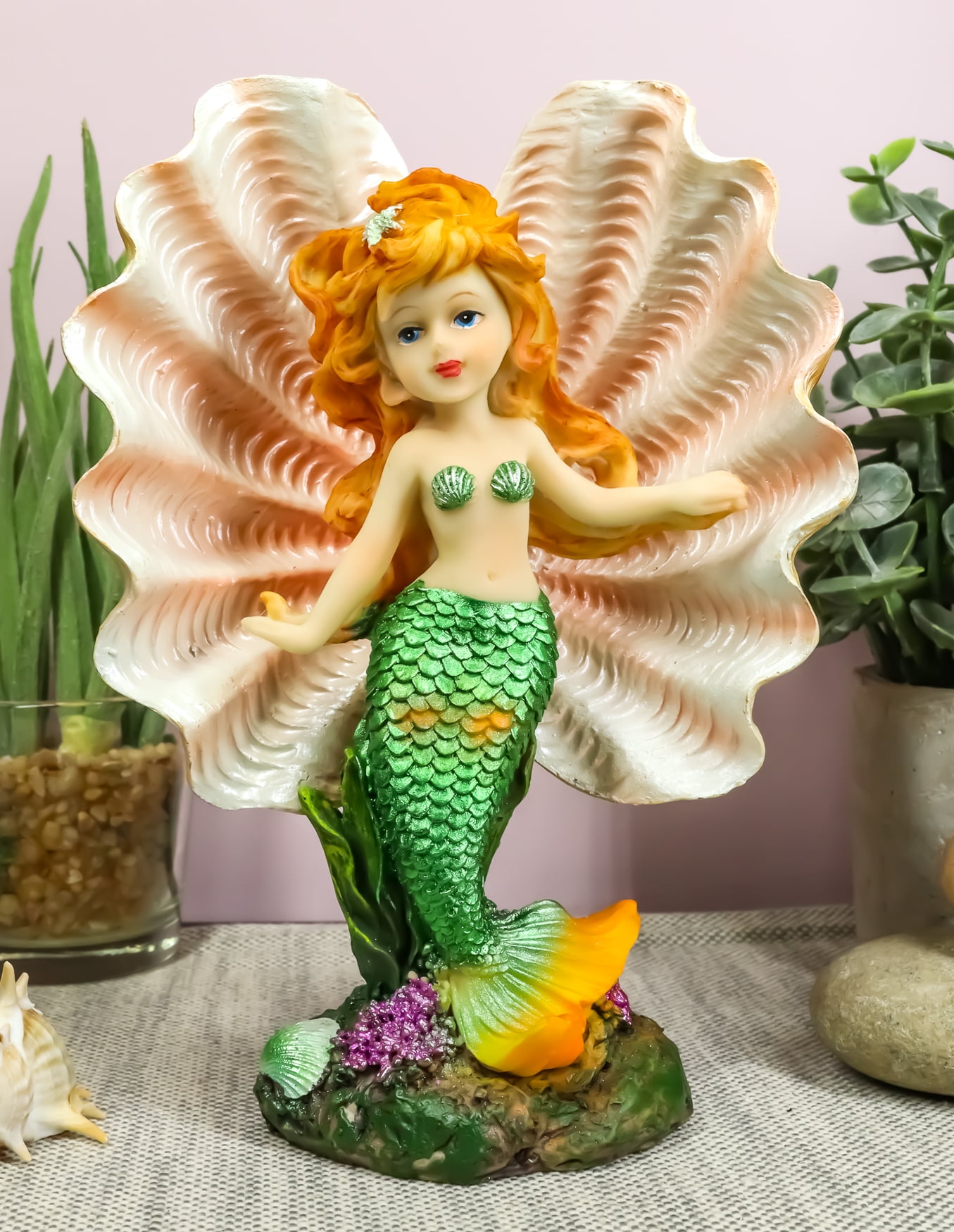 6.75"H Colorful Nautical Mermaid Mergirl With Giant Shell And Green ...