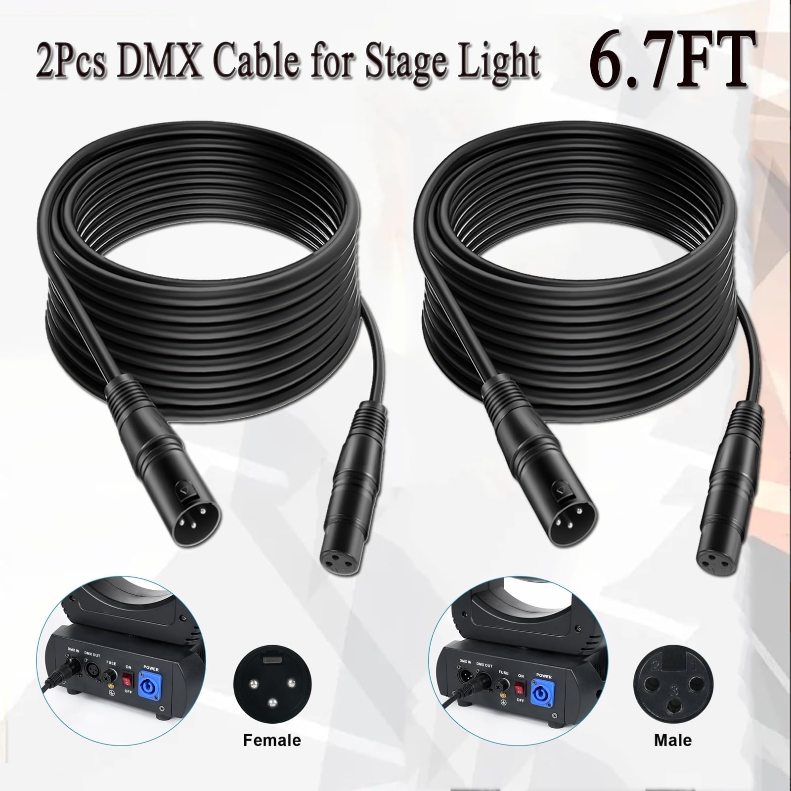 6.7ft DMX Cable,2PCS 3 Meter DMX Signal Cables Signal Wires, 3-Pin XLR ...
