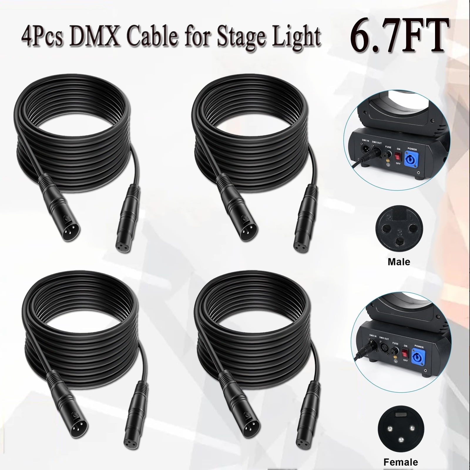 6.7ft DMX Cable,4PCS 3 Meter DMX Signal Cables Signal Wires, 3-Pin XLR ...