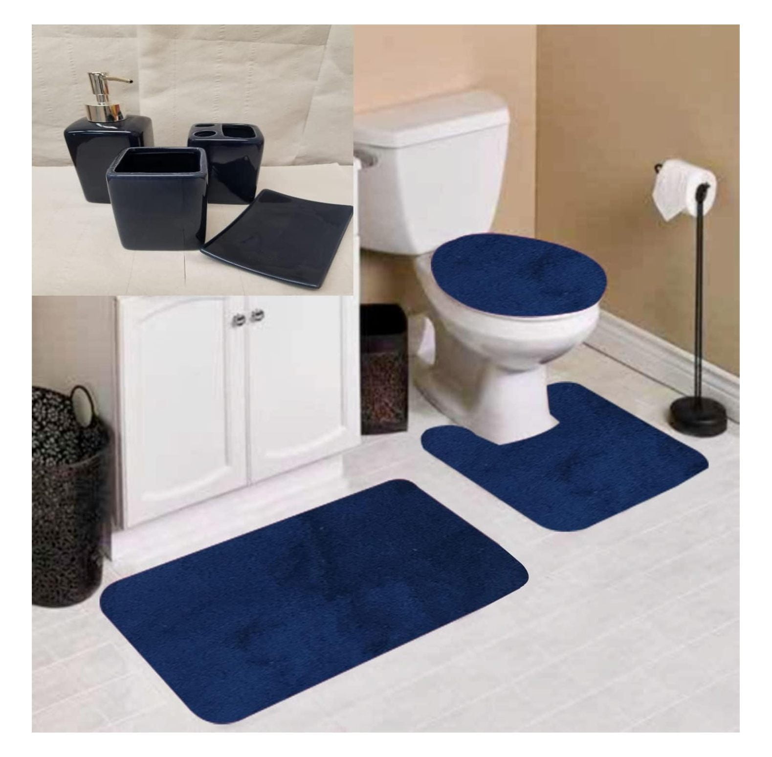 (#6) 7pc Bathroom Set with Bath Mat Contour Toilet Lid Cover with ...