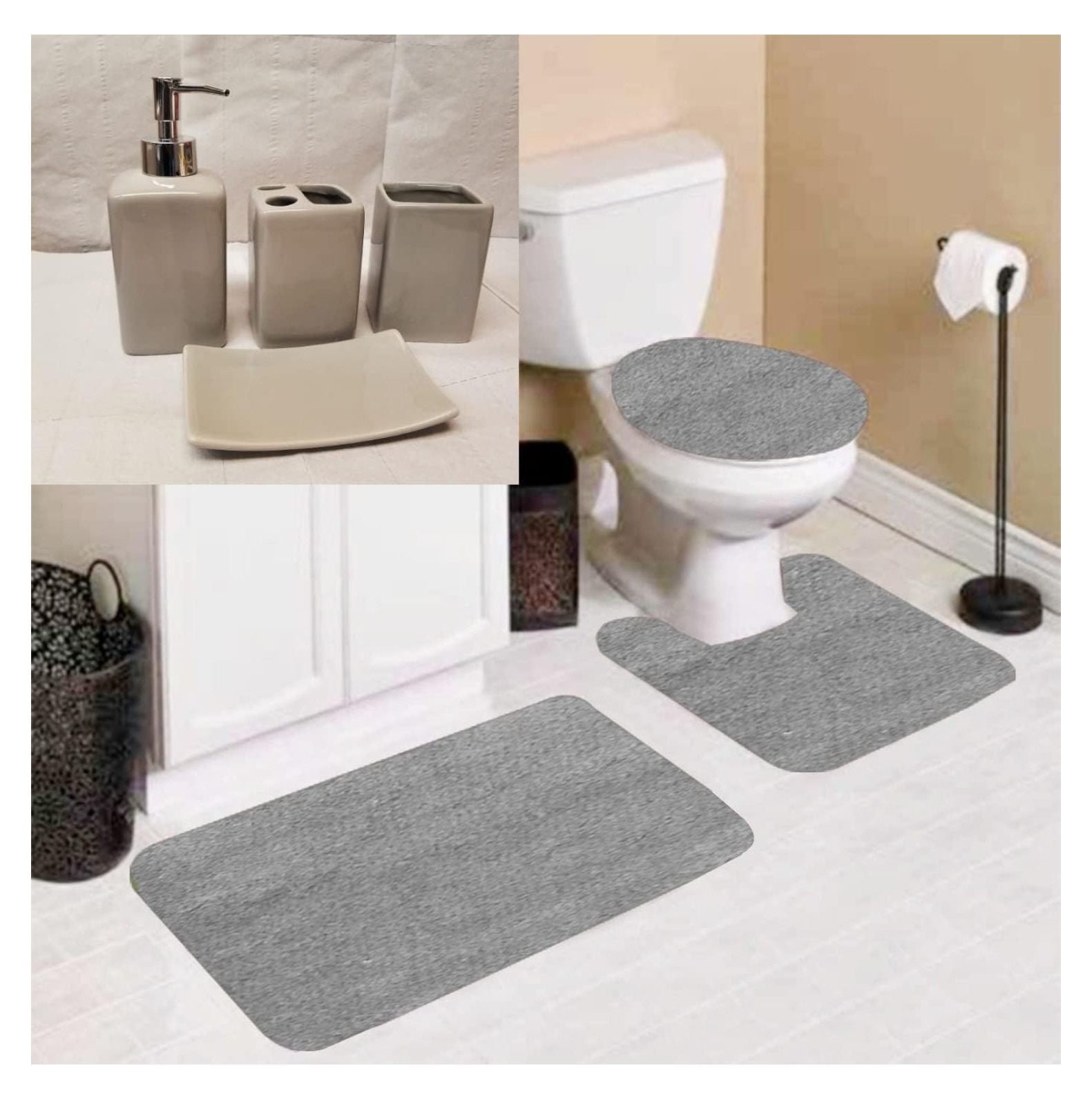 (#6) 7pc Bathroom Set with Bath Mat Contour Toilet Lid Cover with ...