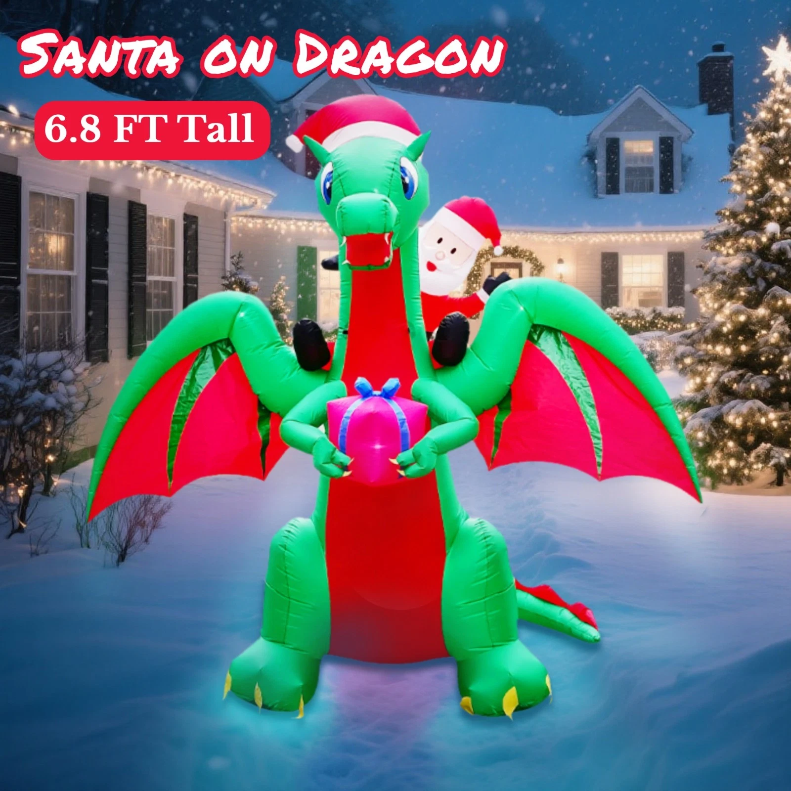 6.8 FT Christmas Inflatables Santa Claus on Dragon with Gift Box ...