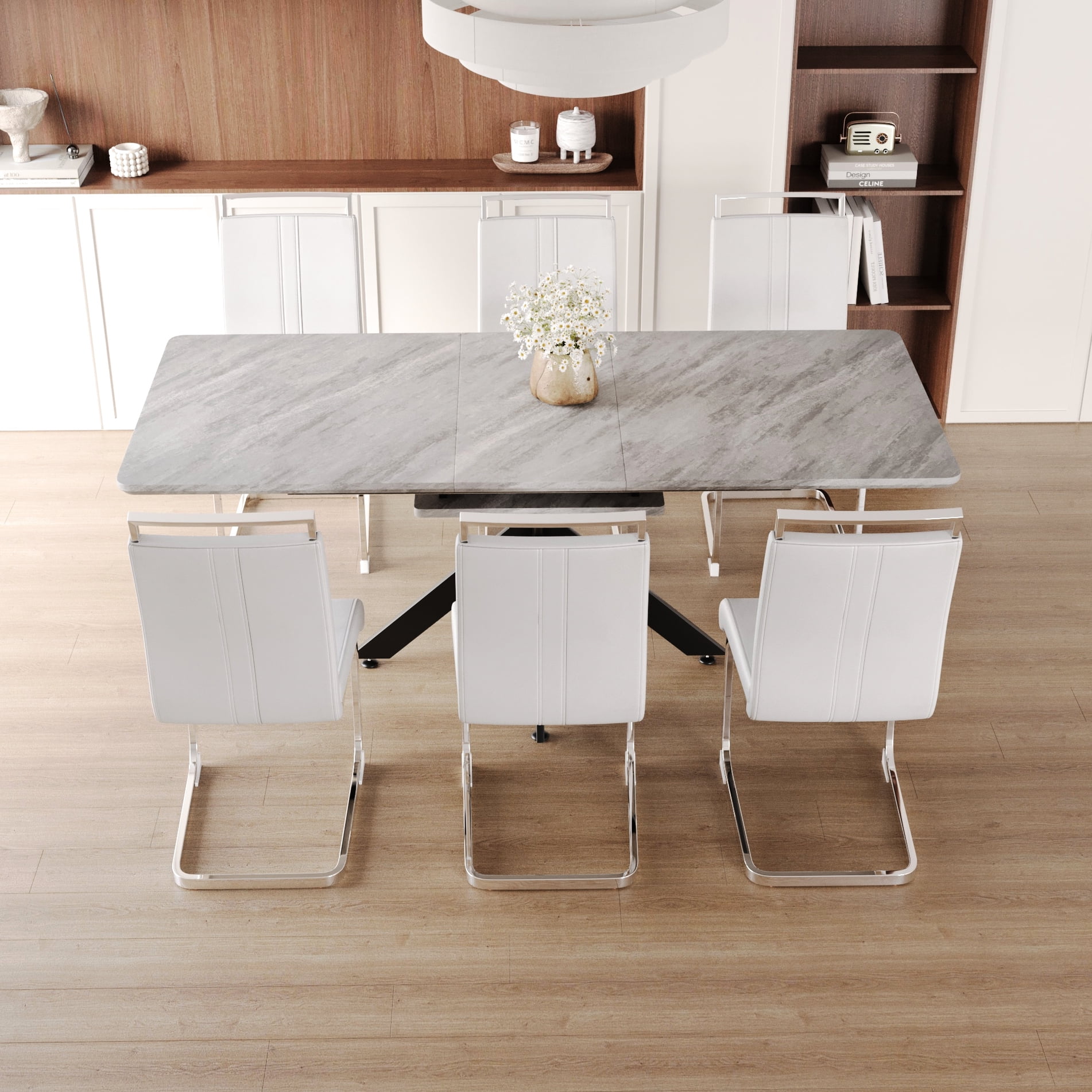 6-8 Guest Dining Table , Gray Top With Metal Legs, 6 Cushioned Chairs ...
