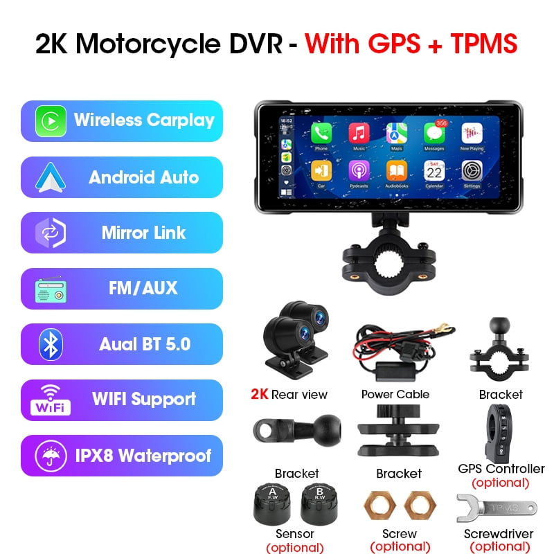 6.86" 2K Motorcycle DVR Dash cam Portable Navigation GPS Wireless ...
