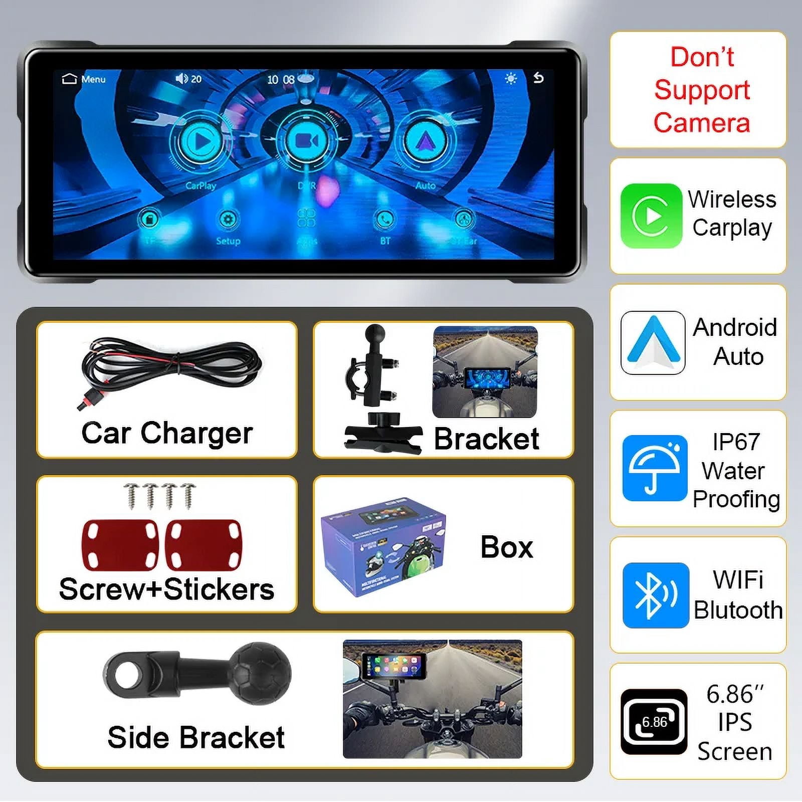 6.86'' Motorcycle Dash Cam GPS Navi DVR Wireless Carplay Android Auto ...