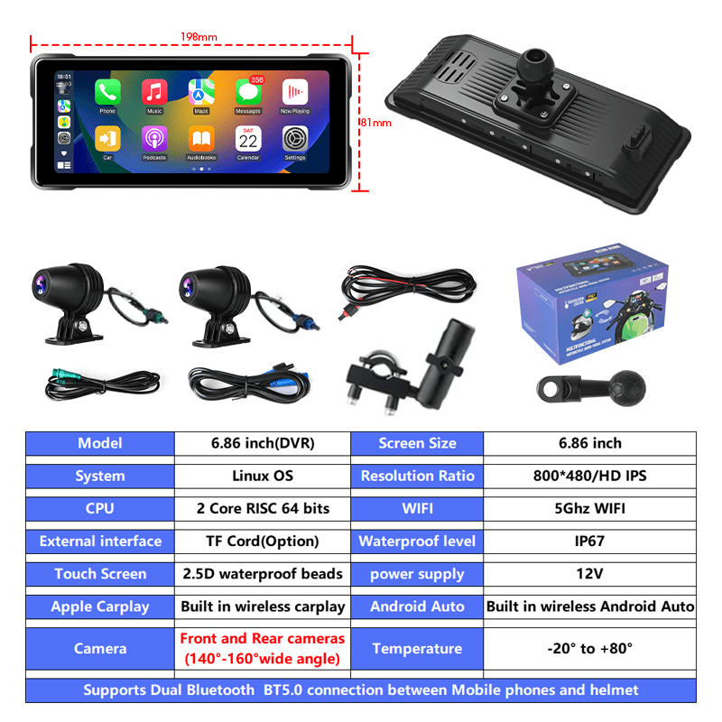 6.86" inch Portable Motorcycle DVR Multimedia Player Wireless CarPlay ...