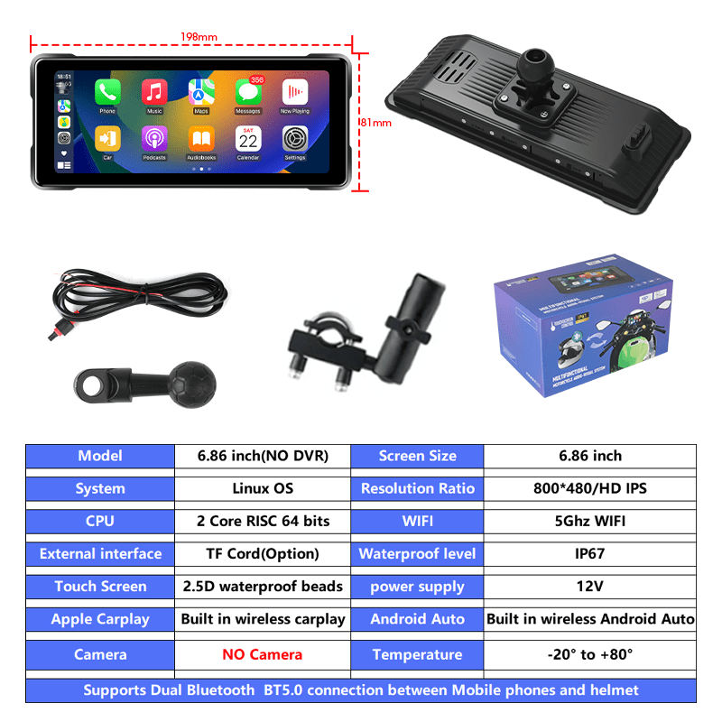6.86" inch Portable Motorcycle DVR Multimedia Player Wireless CarPlay ...
