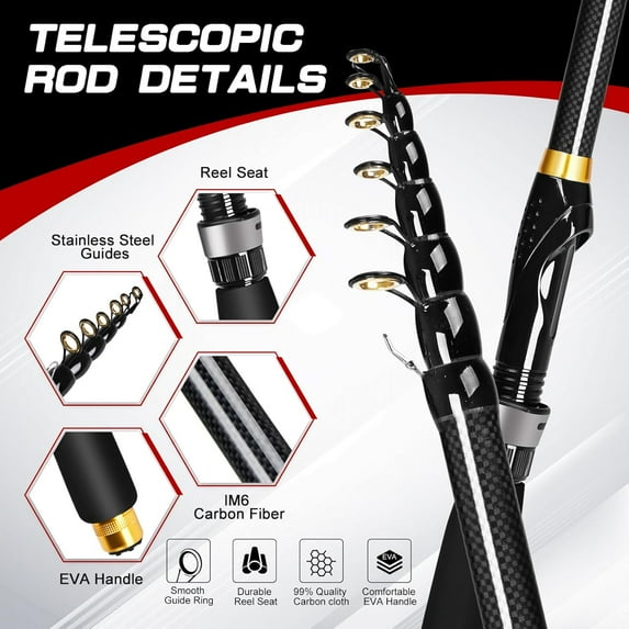 6.89ft Fishing Rod and Reel Combo, 2PCS Telescopic Carbon Fiber Fishing ...