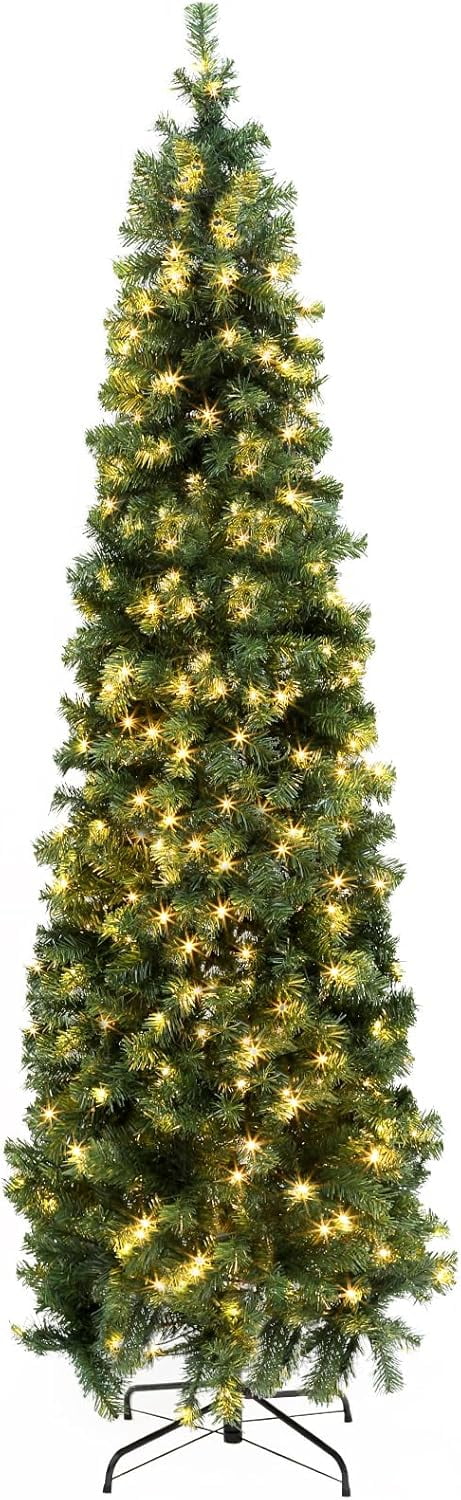 6.89ft Pre-lit Kingswood Fir Pencil Artificial Hinged Christmas Tree ...