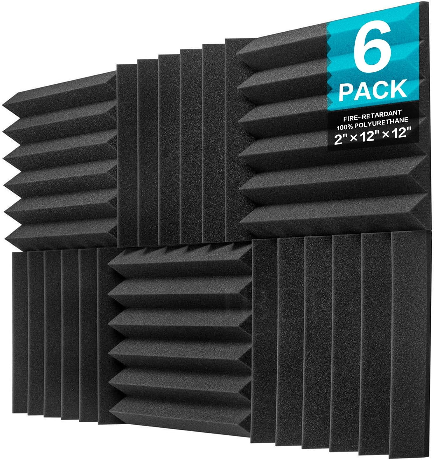 6 Acoustic Wedge, 2" X 12" X 12" Studio Soundproofing Panels Fire ...