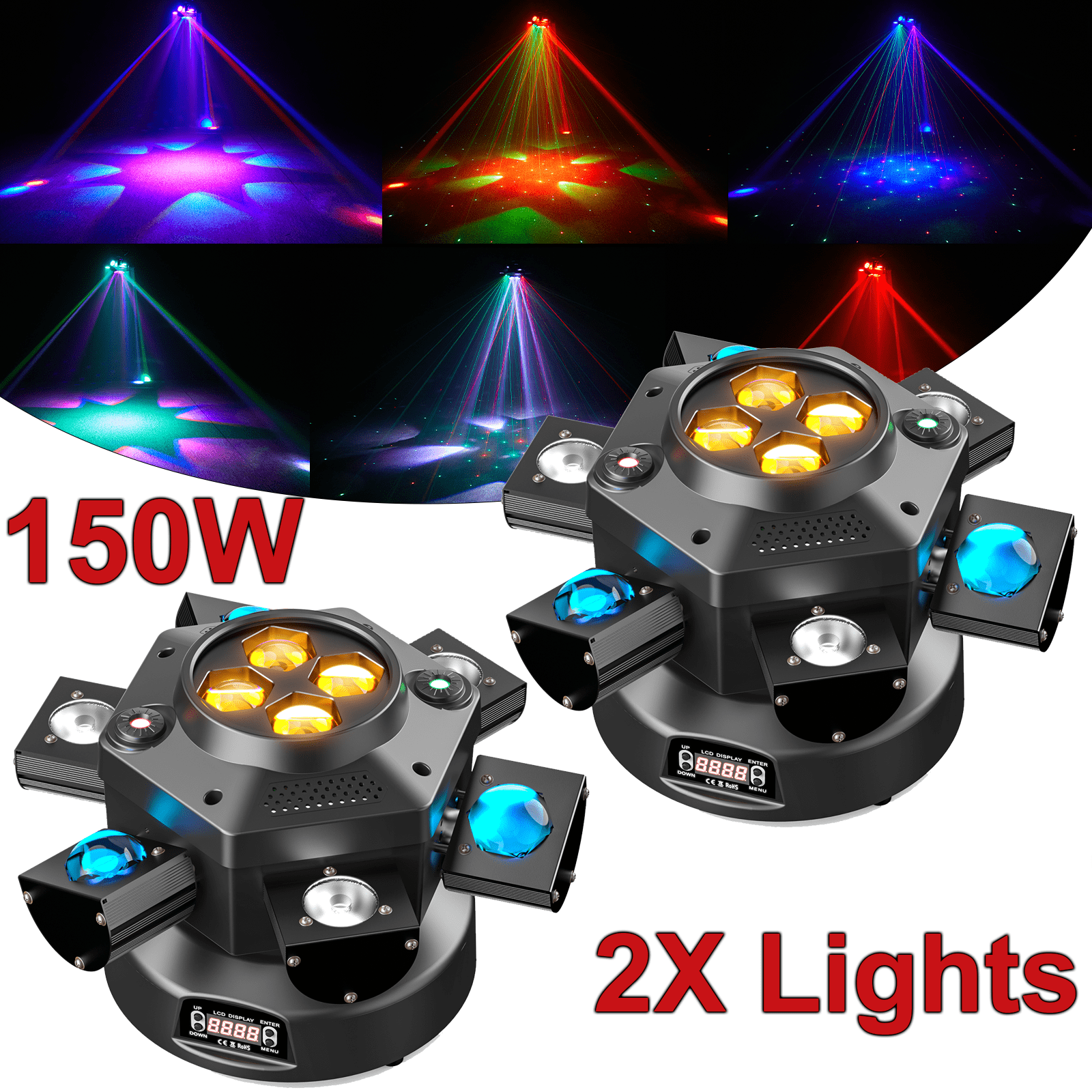 6 Arms Moving Head DJ Lights, 150W Bee Eye DMX RGBW LED Stage Lights ...
