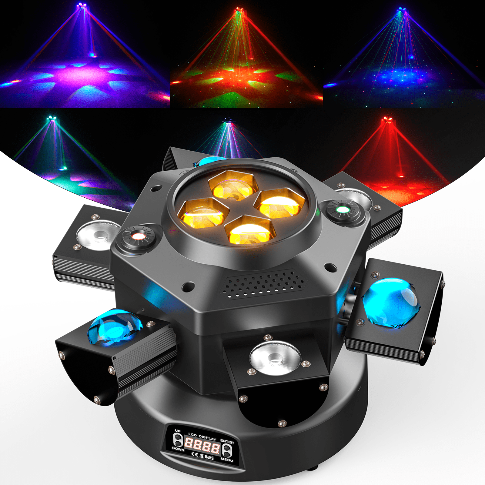 6 Arms Moving Head DJ Lights, 150W Bee Eye DMX RGBW LED Stage Lights ...