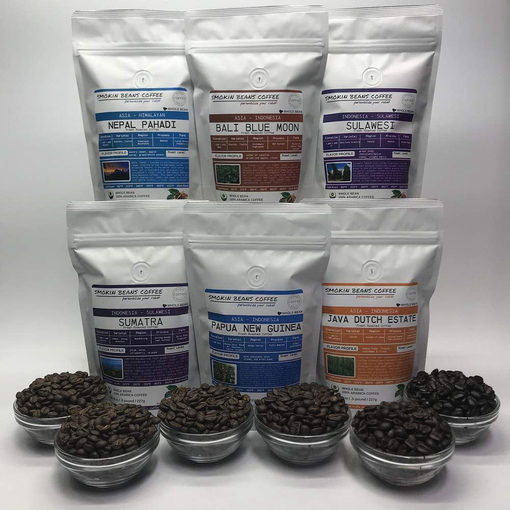 6 Bag Combo Bea Box ( Roased Coffee) 8oz each Bali, Java, Sumara ...