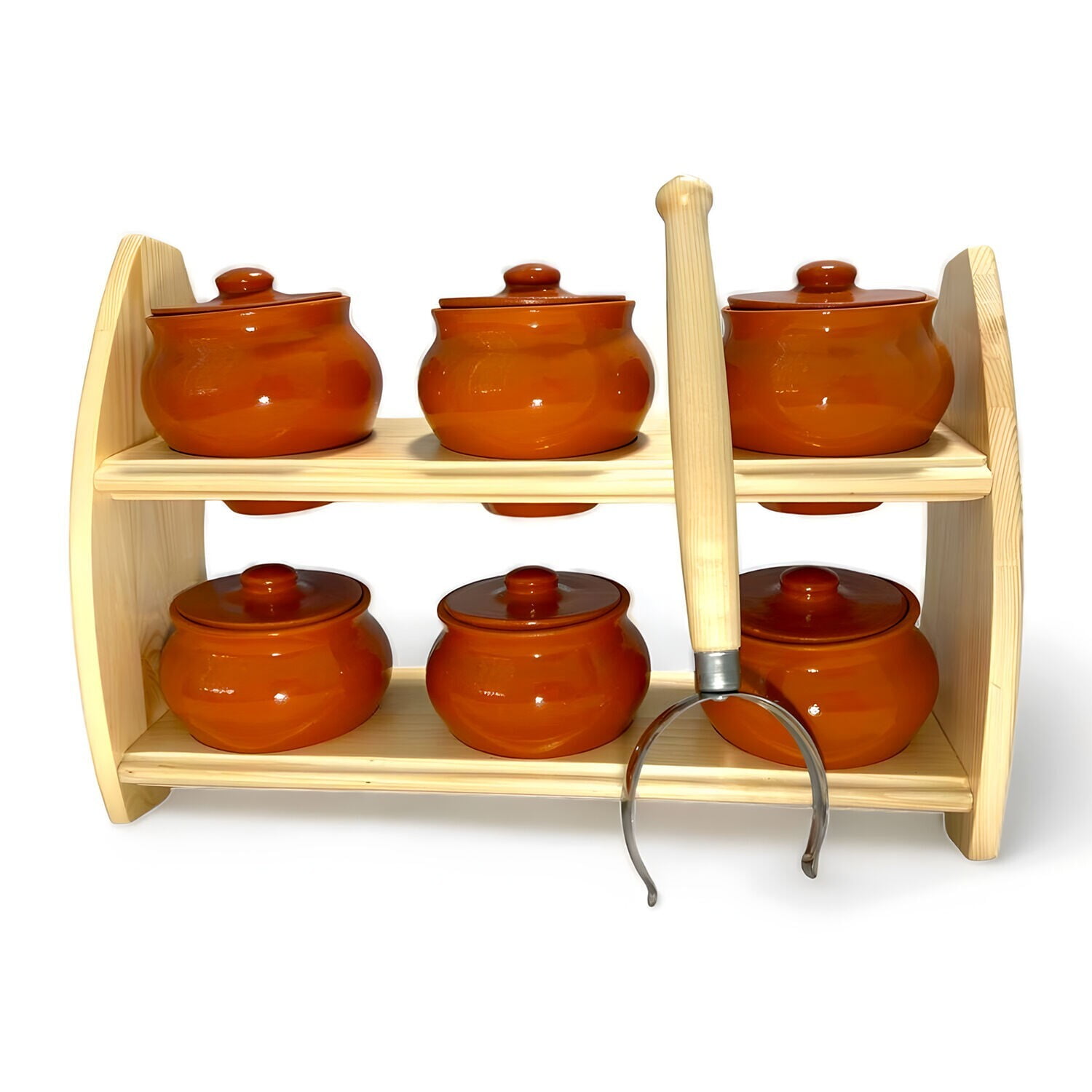 6 Baking Stewing Stoneware Clay Cooking Pots w/Oven Fork on Wooden ...