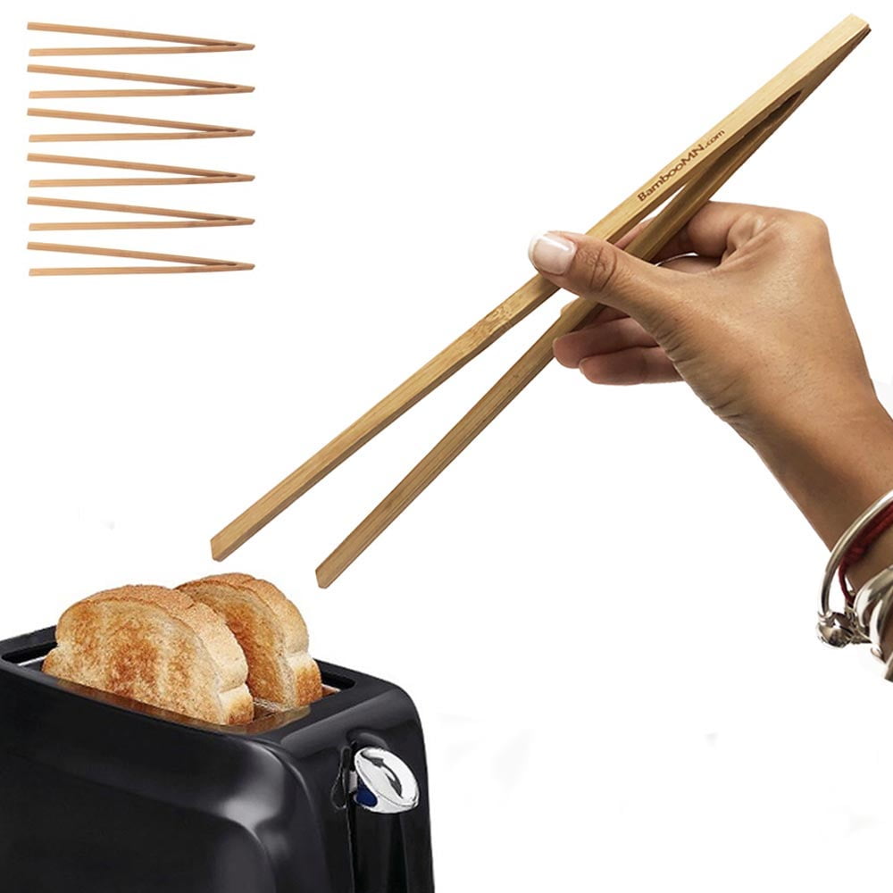 6 Bamboo Toast Tongs 12" Wooden Straight Arm Bread Bagel Fruit Toaster ...