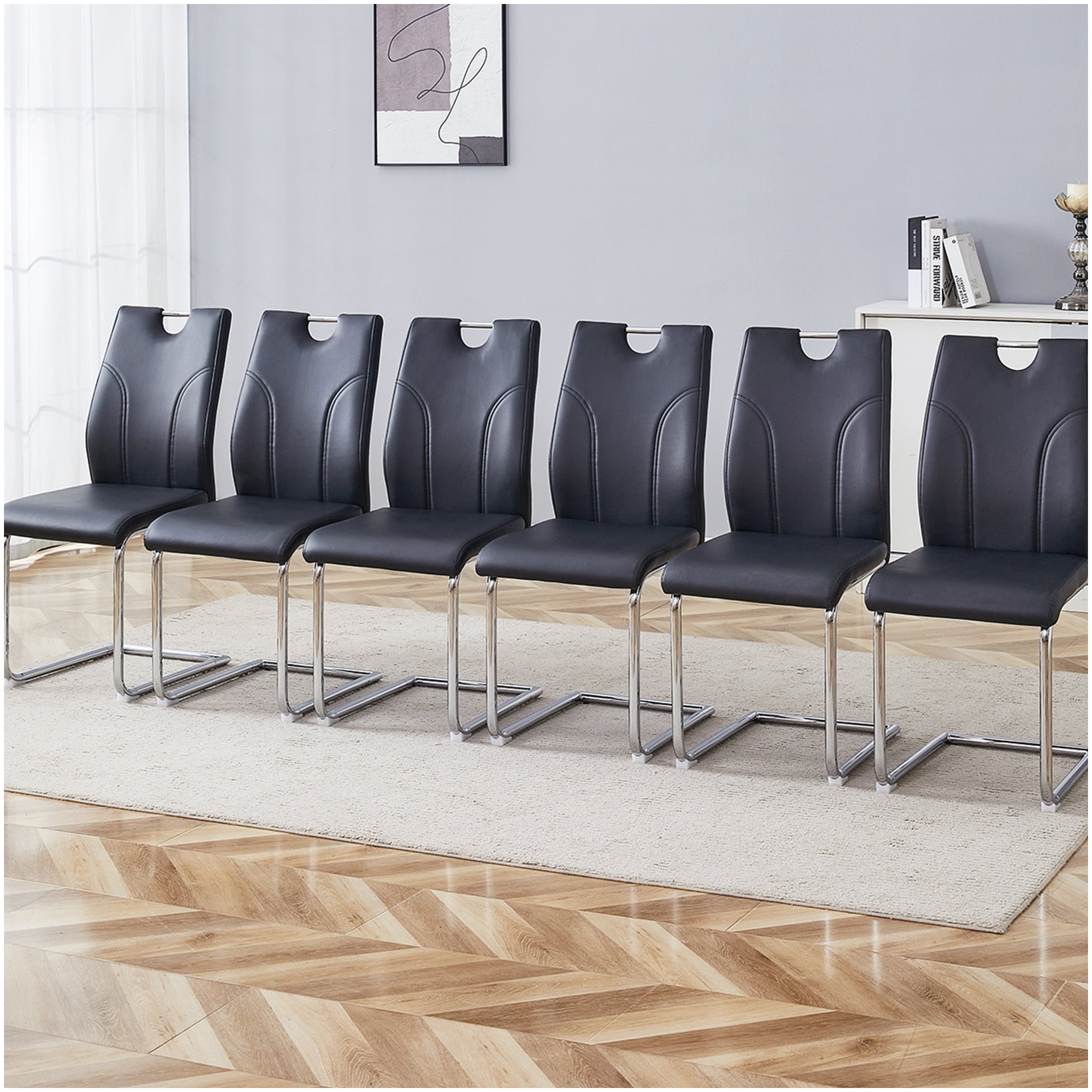 6 Black Faux Leather Dining Room Chairs, Silver Metal Leg Modern Side ...