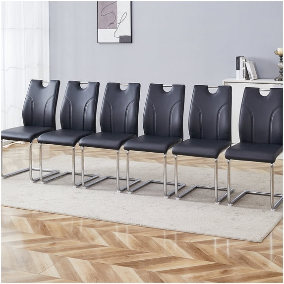 6 Black Faux Leather Dining Room Chairs, Silver Metal Leg Modern Side ...