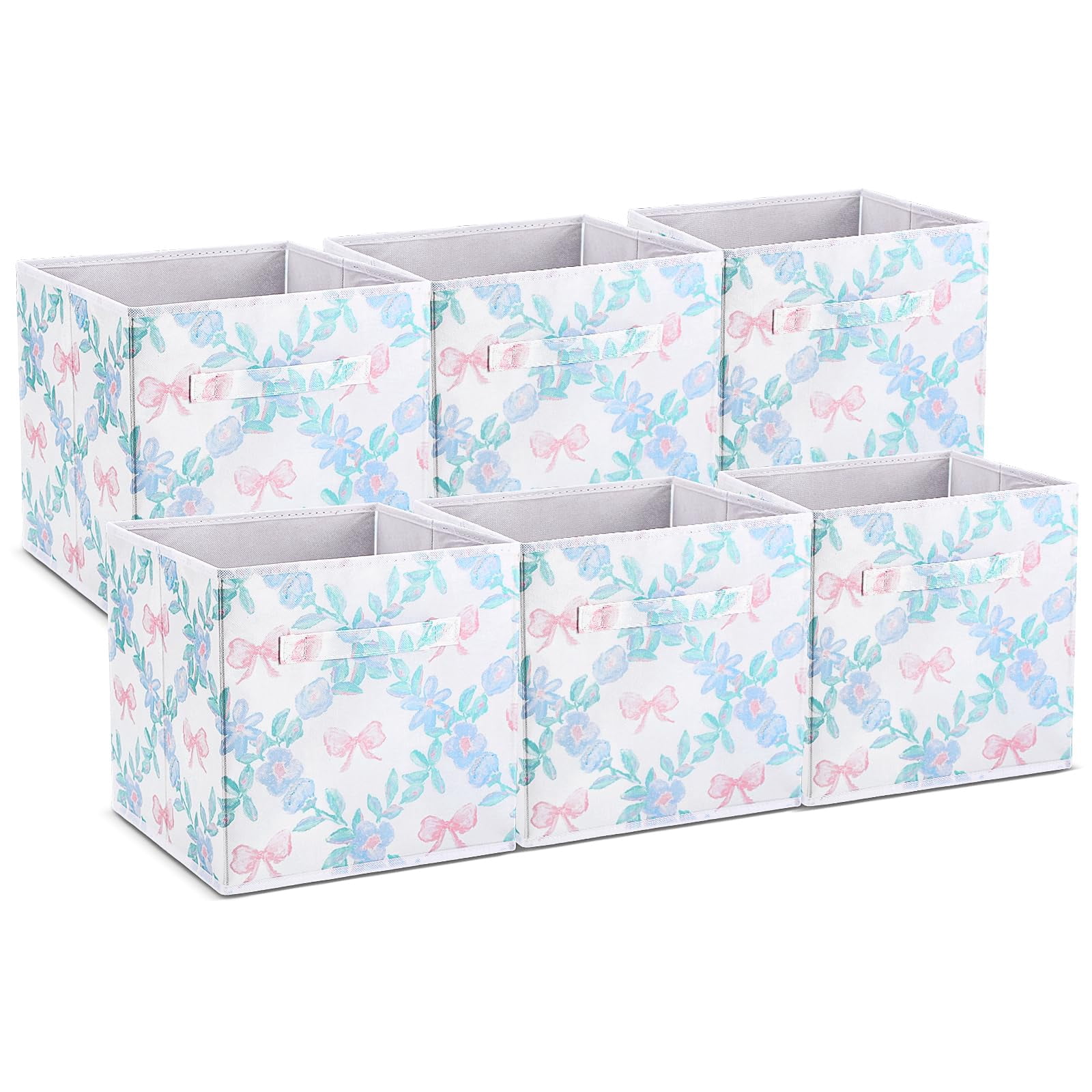 6 Blue Floral Bow Cube Storage Bins 11 Inch Flower Basket With Handle ...