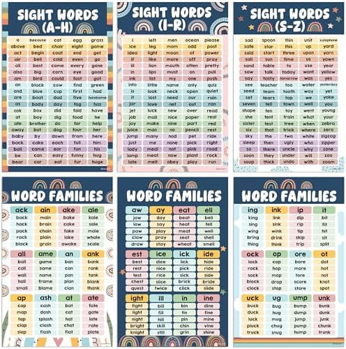 6 Boho Rainbow Sight Words Poster for Classroom,11x17in Matte-Laminated ...