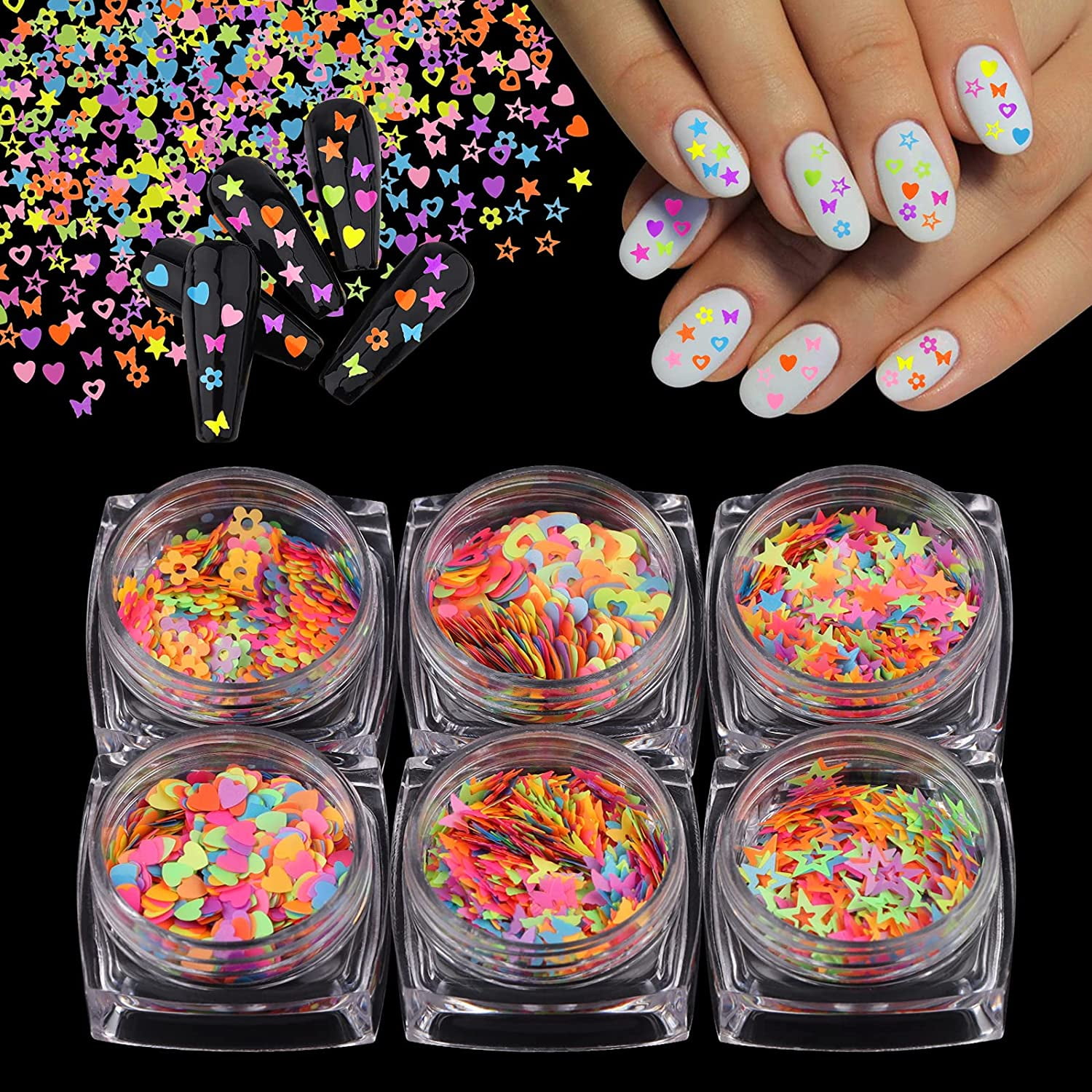 6 Boxes Fluorescent Nail Glitter Sequins, Kalolary 3D Nails Art ...
