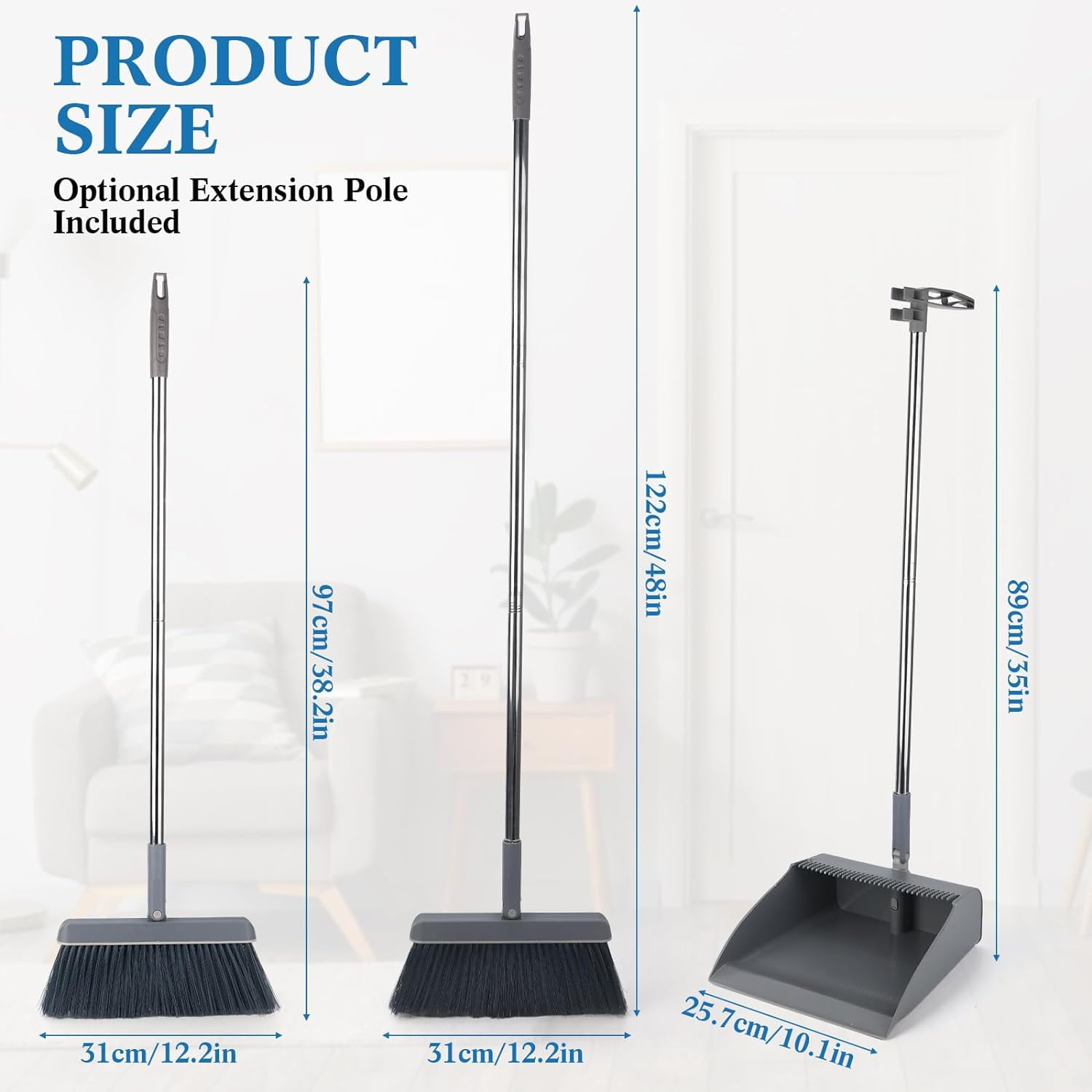 6 Broom and Dustpan Set with 48 Inches Long Handle with Stand up ...
