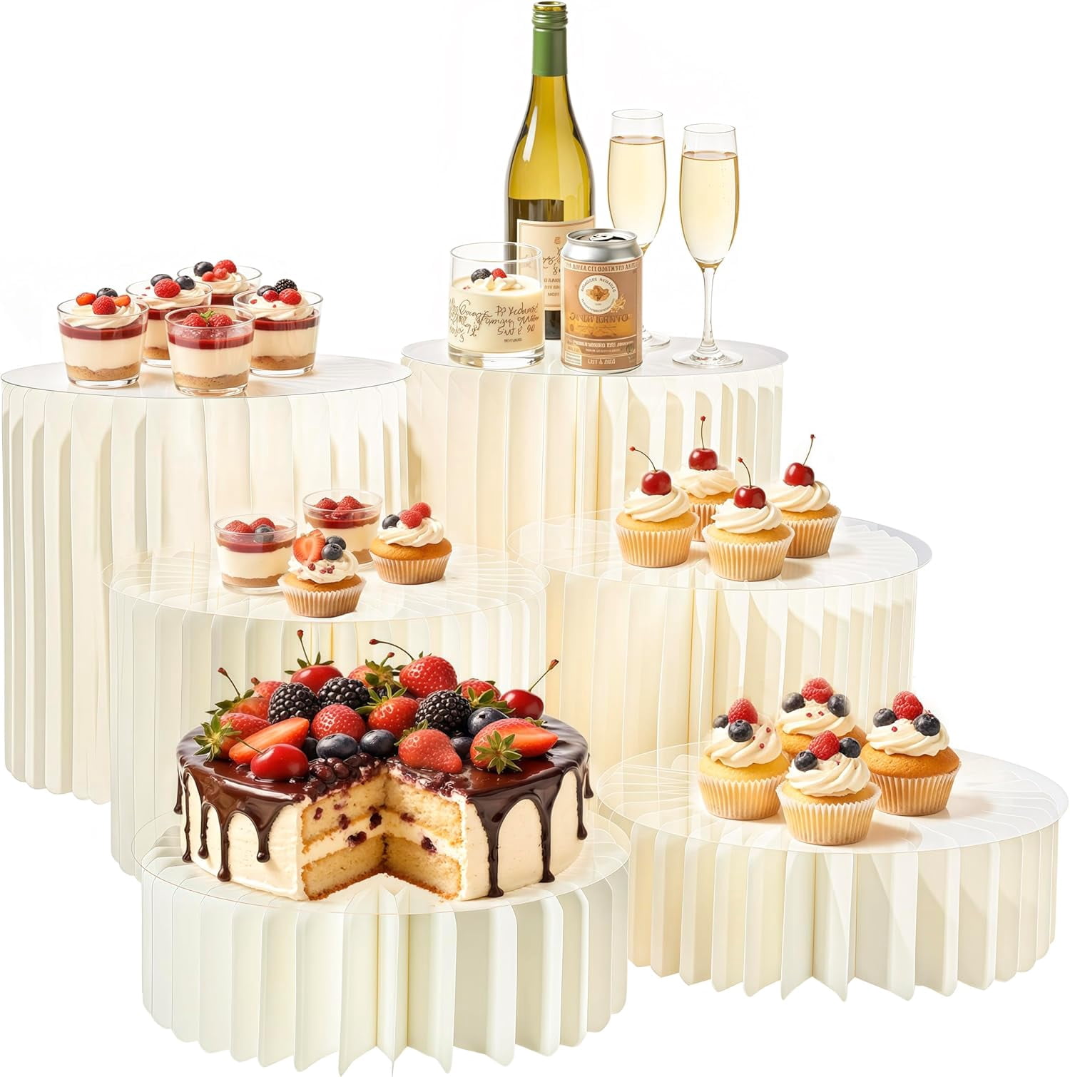 6 Buffet Risers, & Cardboard Foldable Cake Display Stands for Dessert ...