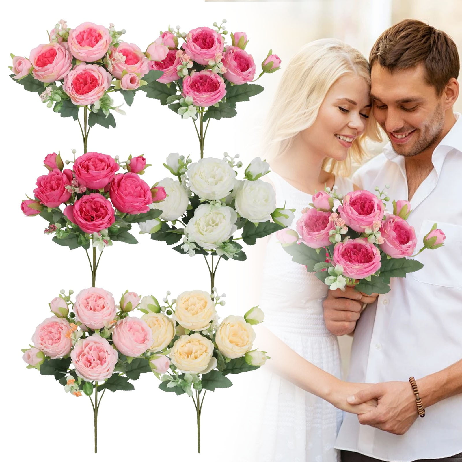 6 Bundles Artificial Peony Flowers – Silk Bouquets for Home, Wedding ...