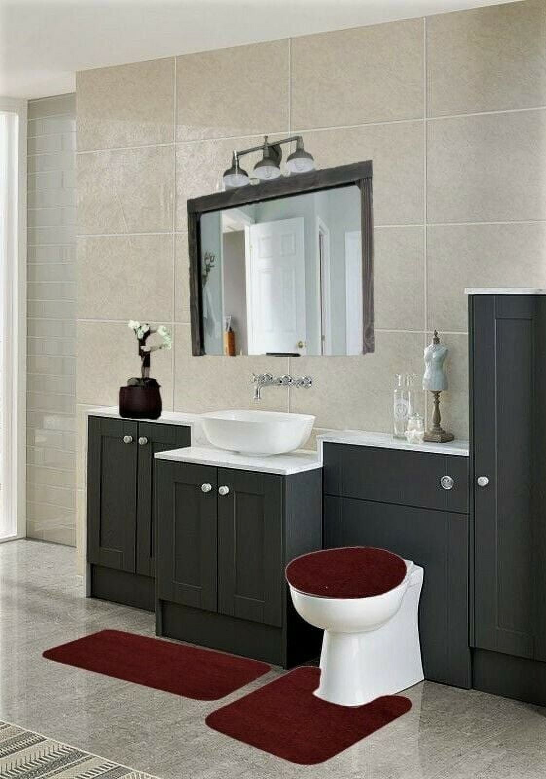 #6 Burgundy 3-Piece Bathroom Mat Rug With Lid Cover Set, Plain Embossed ...
