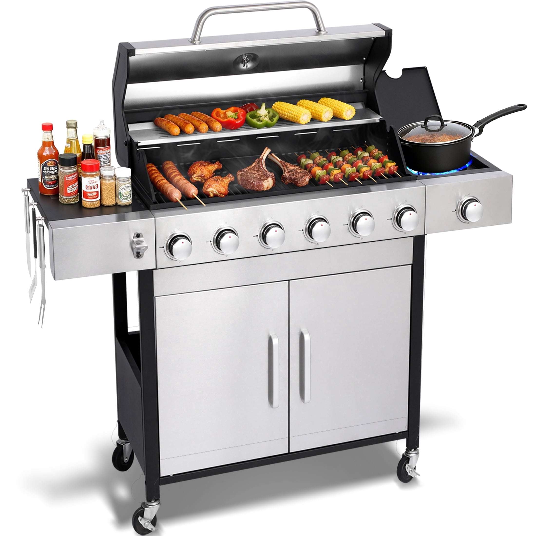 6 Burner Propane Gas Grill with Side Burner, Stainless Steel Large BBQ ...