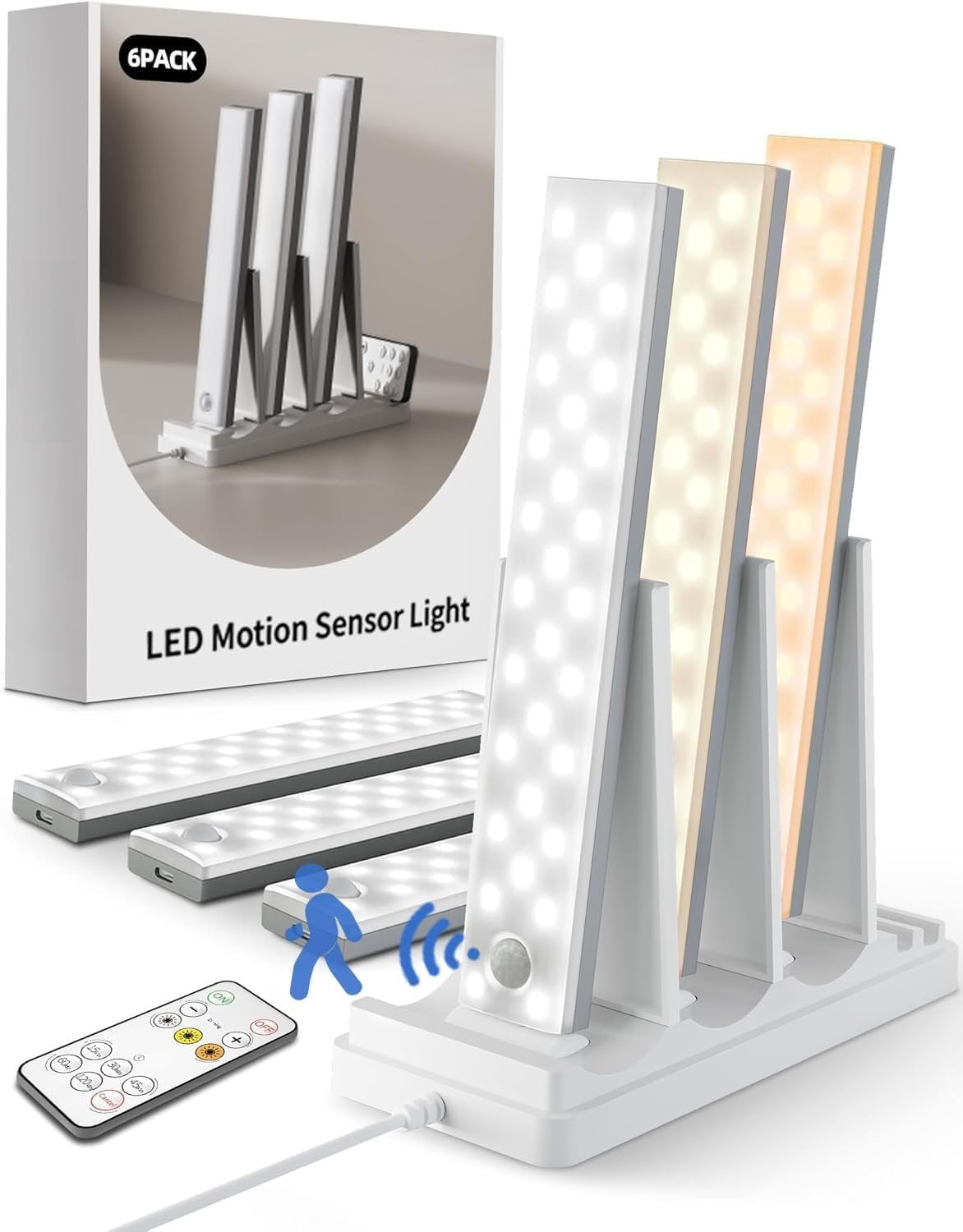 6- Under Cabinet Lighting with Station, 2000mAh Motion Sensor Lights, 3 ...