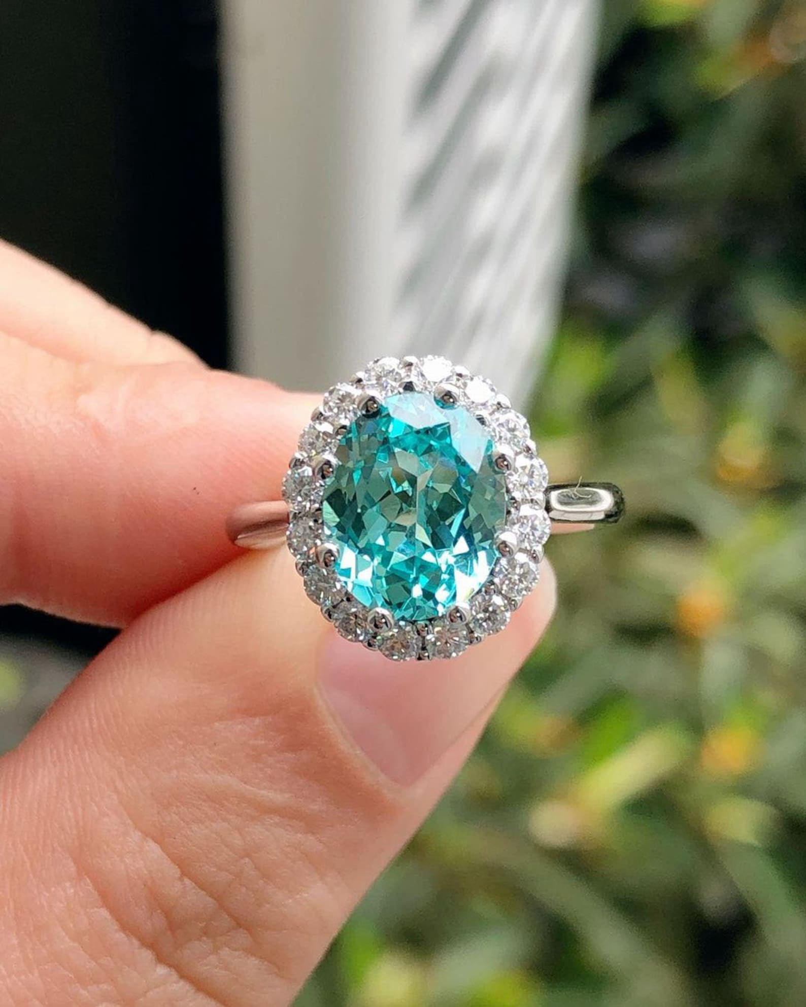 6 Carat Oval Cut Halo Paraiba Ring with Moissanite, 925 Silver Paraiba ...