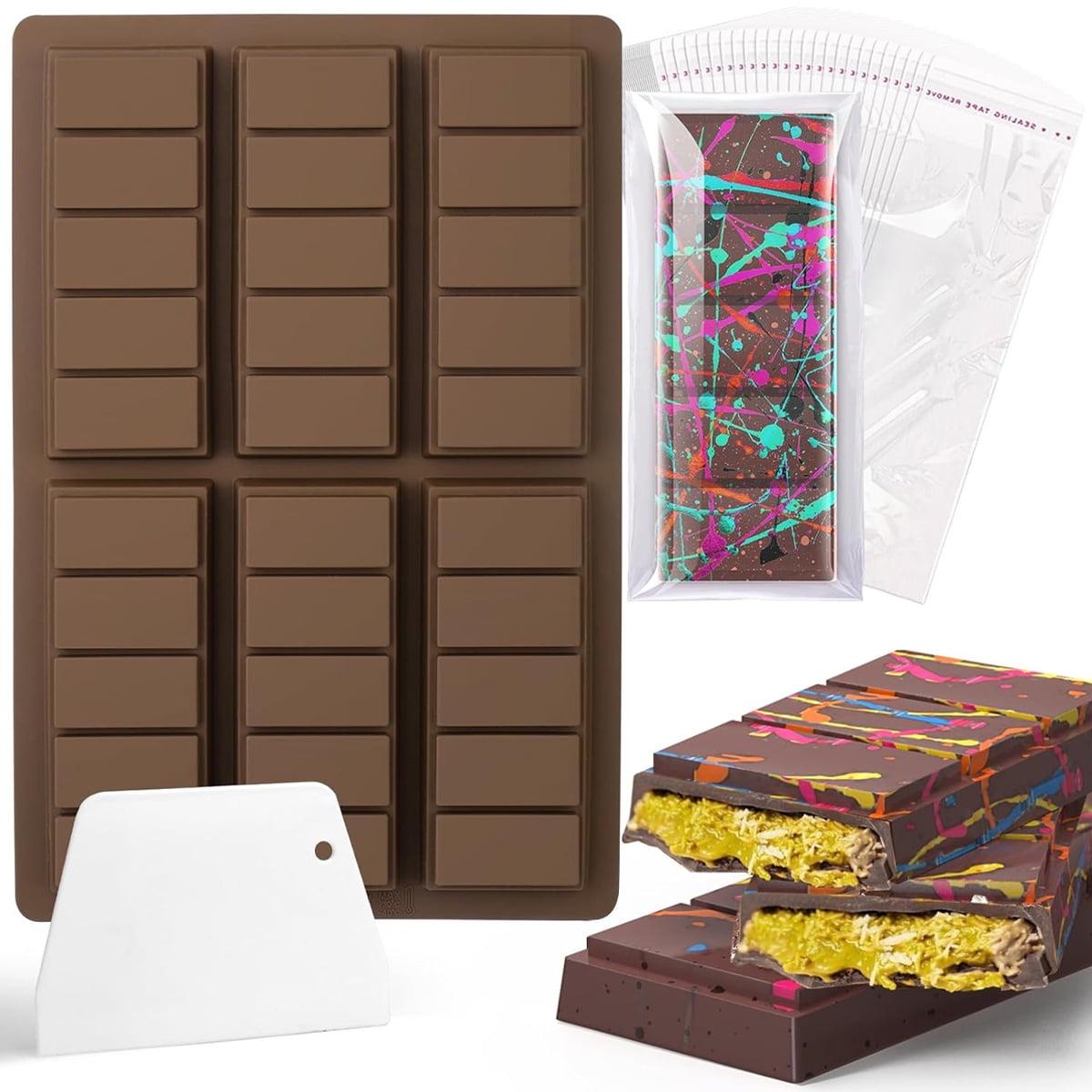 6 Cavities Chocolate Bar Mold with Bags Scraper, Thick Chocolate Bar ...