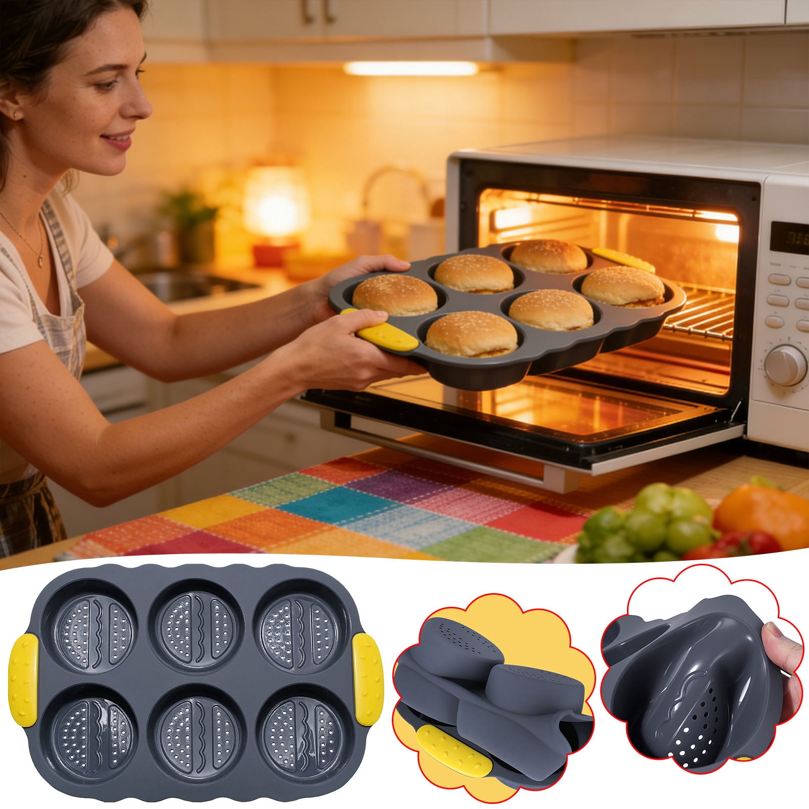 6-Cavity Mesh Silicone Hamburger Bun Molds, Non-Stick Perforated Baking ...