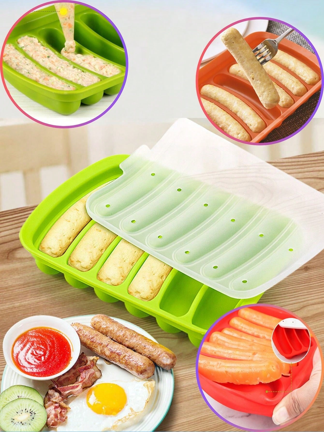 6-Cavity Sausage & Hot Dog Mold - Reusable Silicone Pan with Lid for ...
