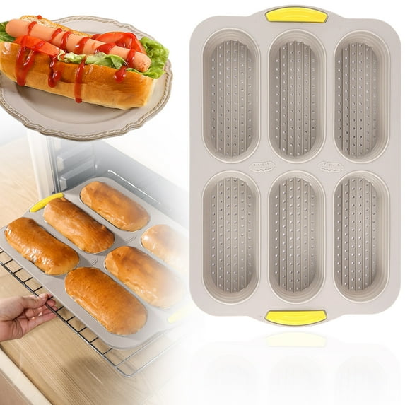 6-Cavity Silicone Baguette Bread Pan, Non-Stick French Bread & Hot Dog ...
