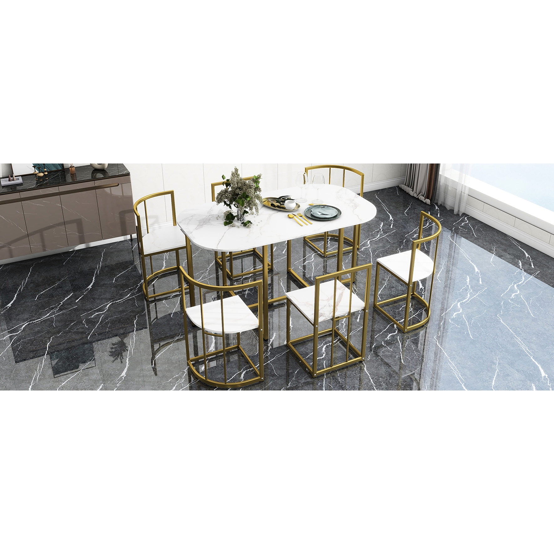 6-Chair Dining Set with 55-Inch Modern Table, Golden+White Color ...
