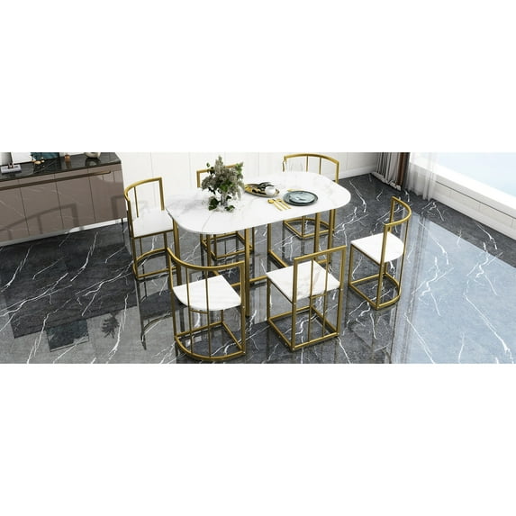 6-Chair Dining Set with 55-Inch Modern Table, Golden+White Color ...
