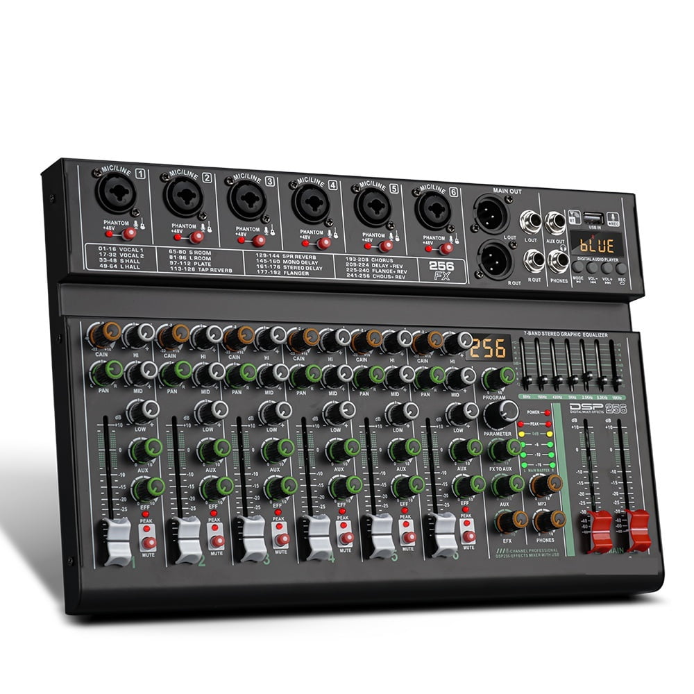 6 Channel 256 DSP Effect Mixer Record PC 48V Phantom Power USB Sound ...