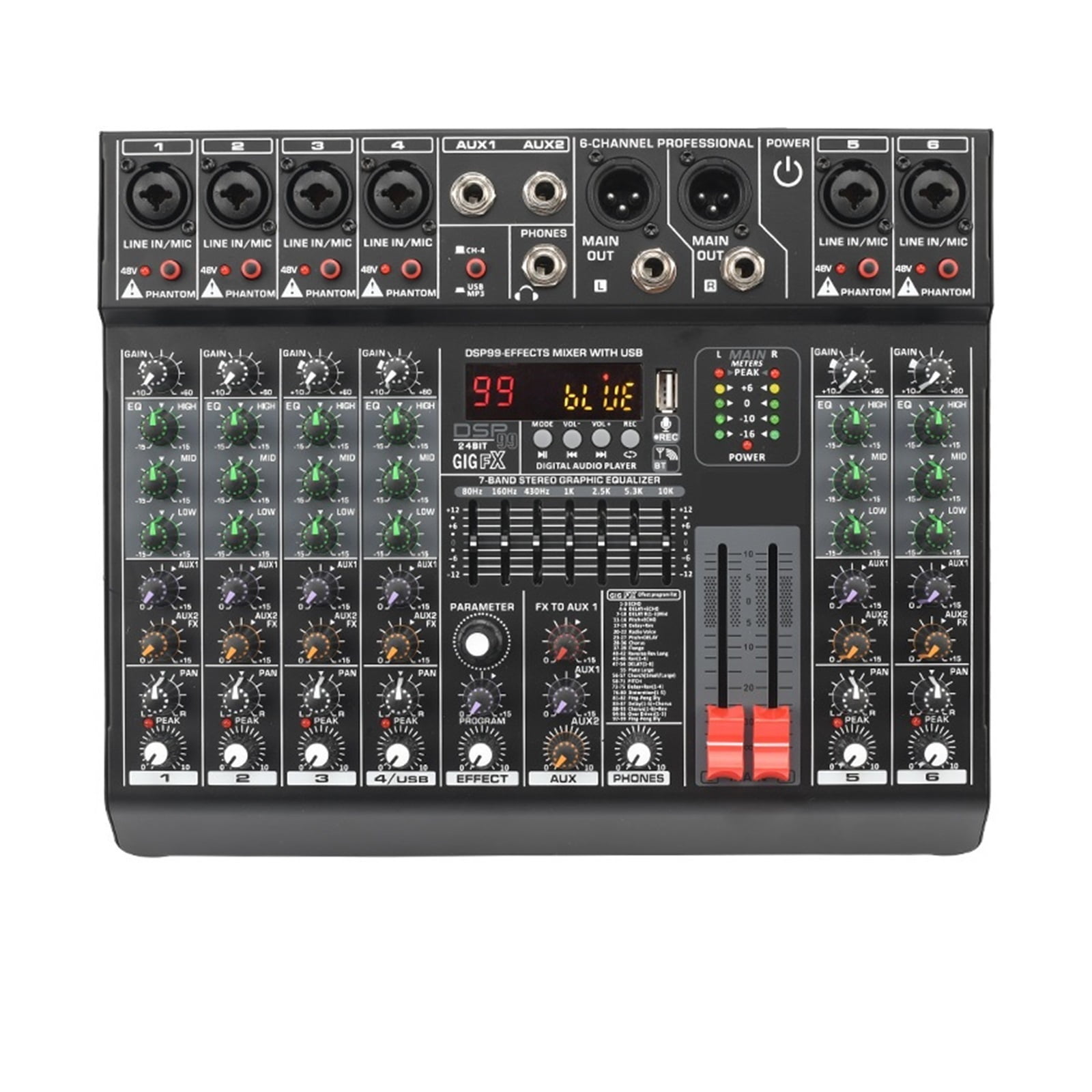 6 Channel Audio DJ Mixer Individual 48V 2 AUX Output Mixing Console 7 Band EQ 99 Effect USB Play ...