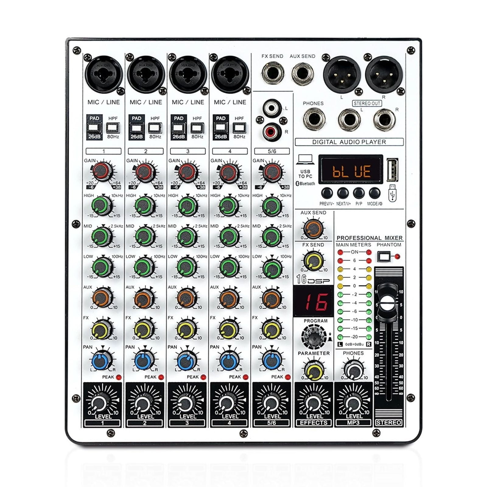 6-Channel Audio Mixer, DJ Mixer With USB Audio Interface, Function, 16 ...
