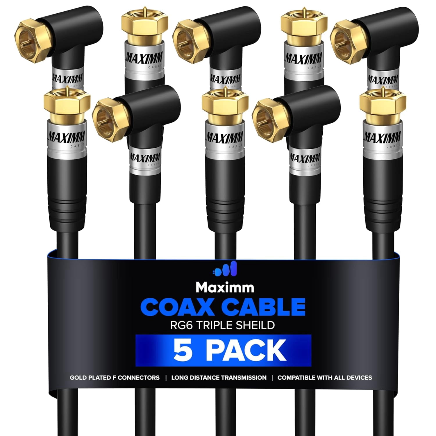 6 Coaxial Cable with 90° Angle Connector - 2 Feet/Black/5 Pack - Triple ...