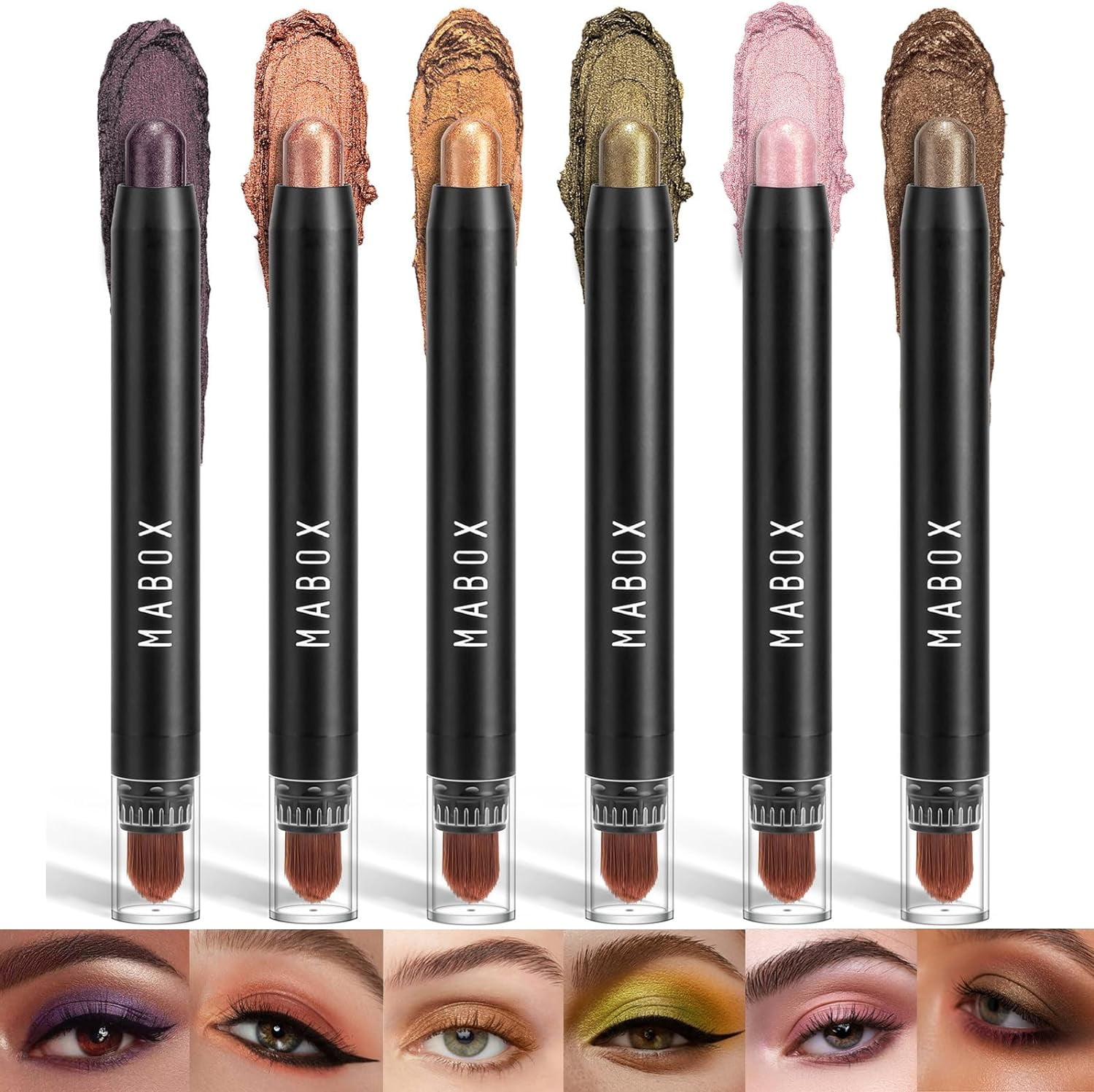 6-Color Double-Ended Glitter Eyeshadow Stick Set,Brush Design is Easy ...